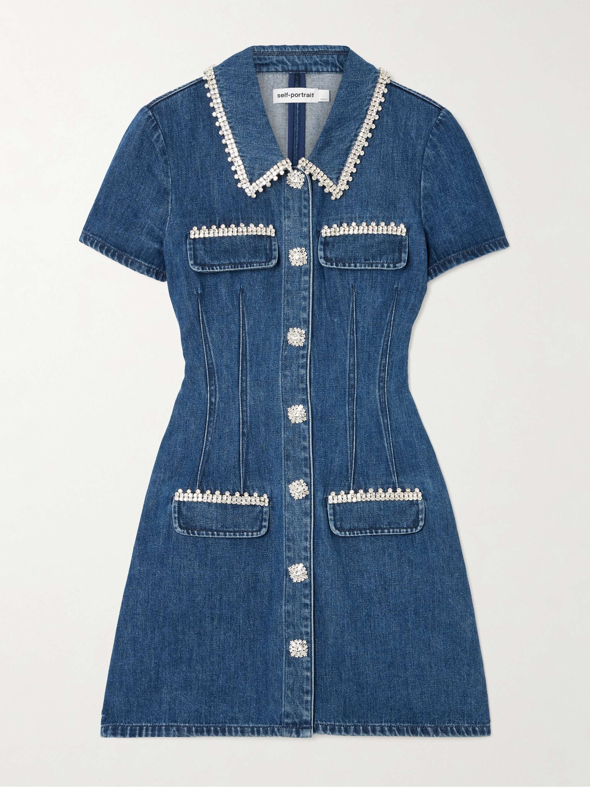 self portrait denim dresses self-portrait - Denim Flared Belted Midi Dress