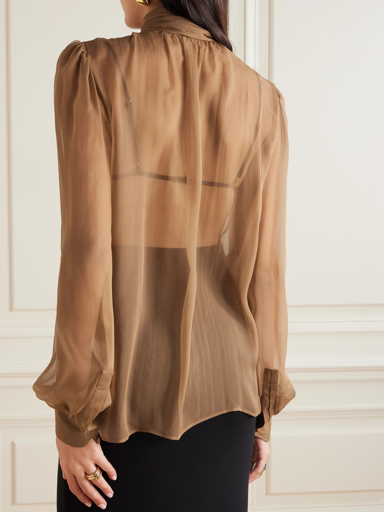 Saint Laurent Pussy-Bow Silk-Chiffon Blouse - Brown | Editorialist