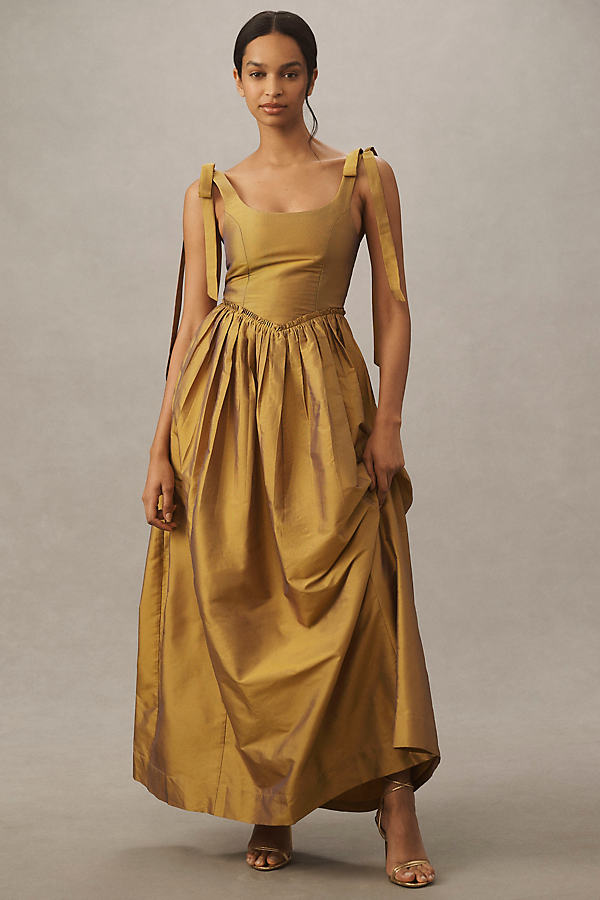 Louise New York Marie Tie-Strap Corset Taffeta Maxi Dress In Gold - 30% Off  | Editorialist