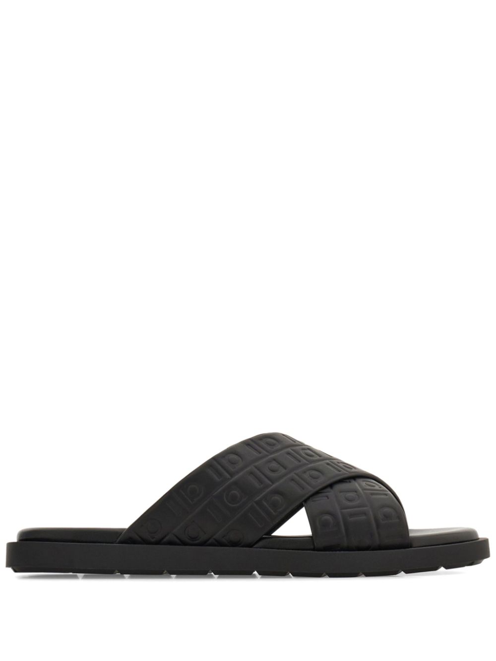 FERRAGAMO Embossed Monogram Leather Slip-on Sandals - Black  display picture 3