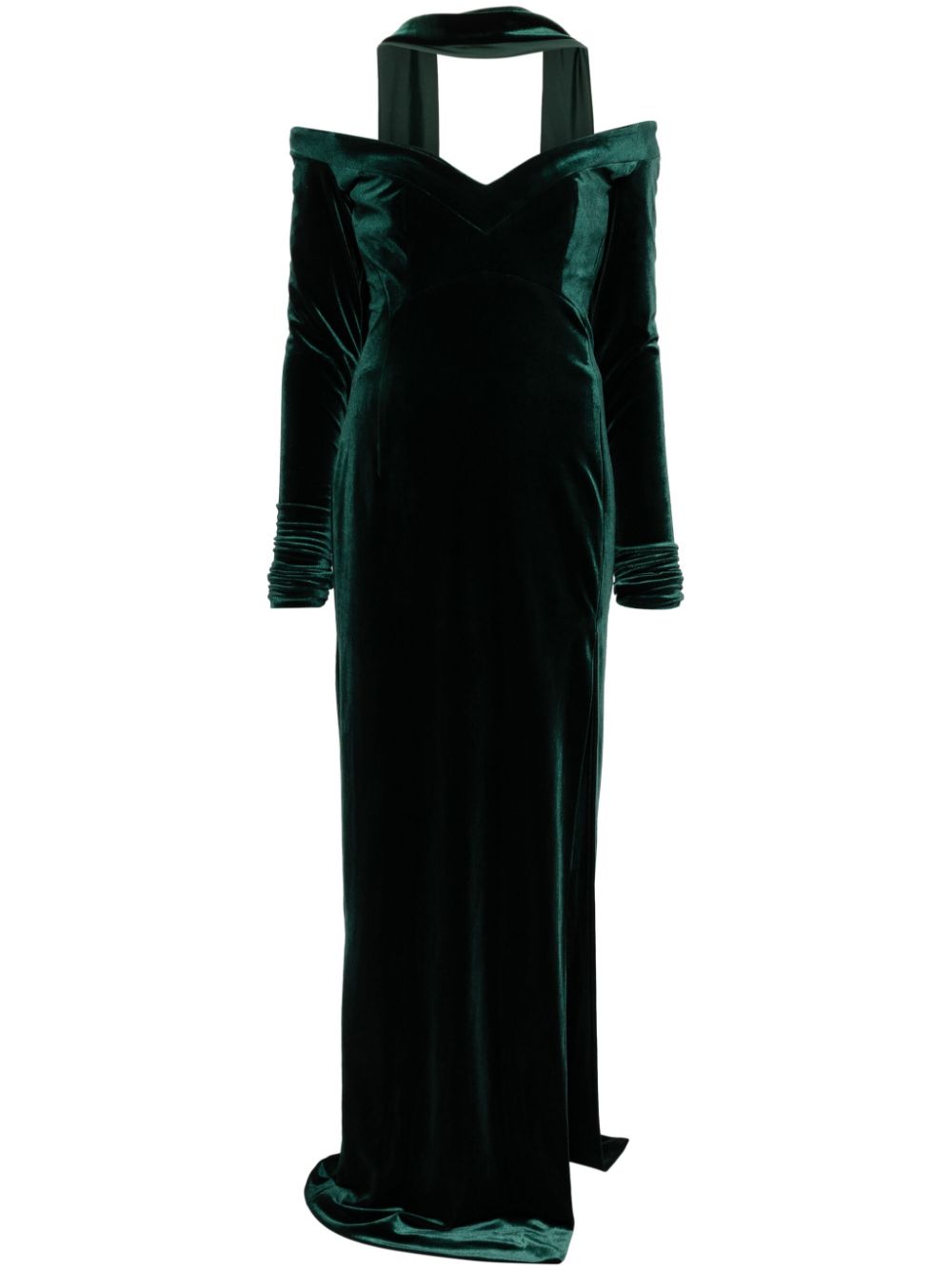 green emerald velvet dress Zapaka Women Dark Green Prom Dress A-Line Long Wrap Long Sleeves Velvet Evening Dress, Dark Green / S main image 1