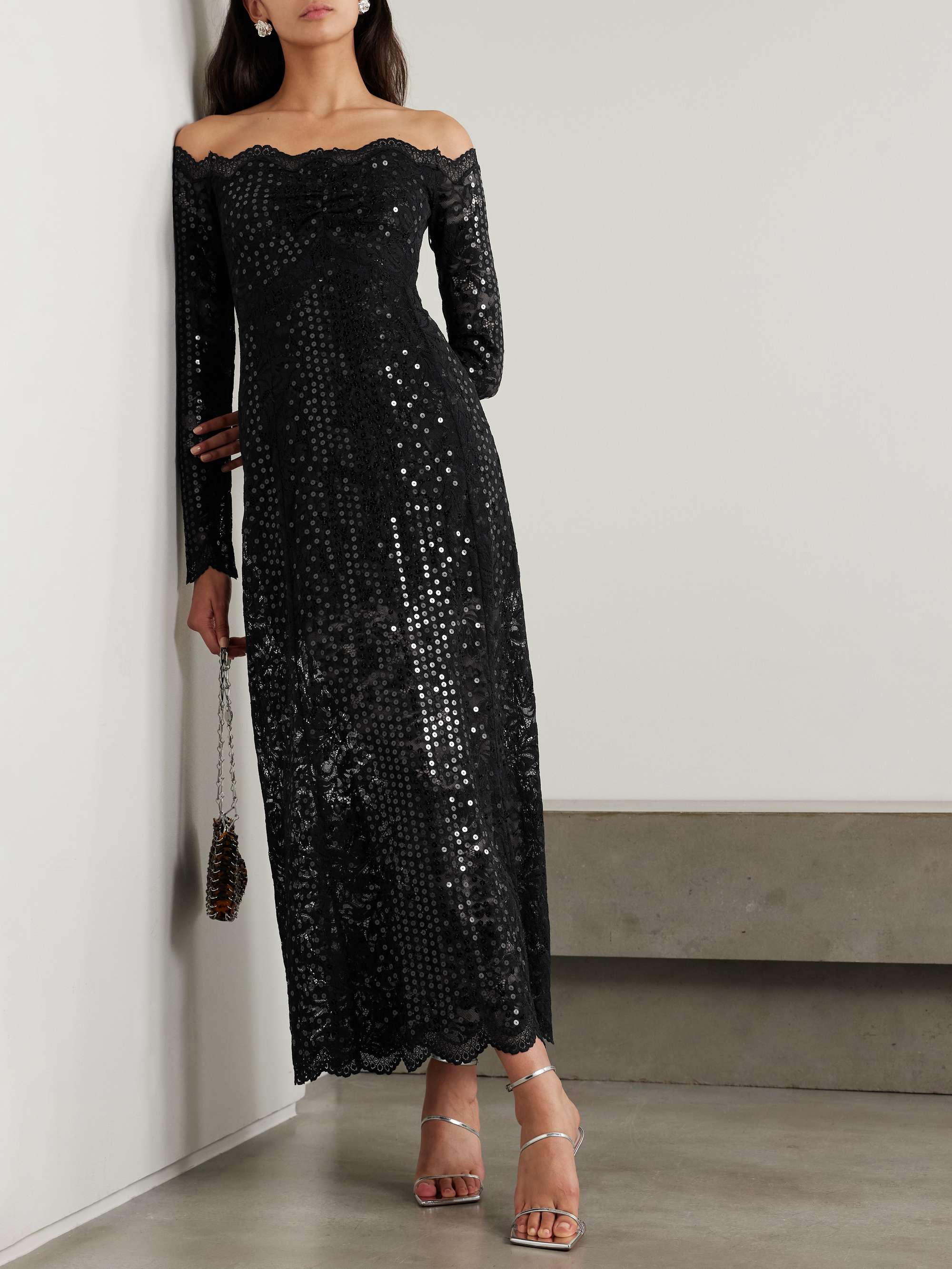 chinese dress ladies Ivory long dress in lace and jersey  Rabanne