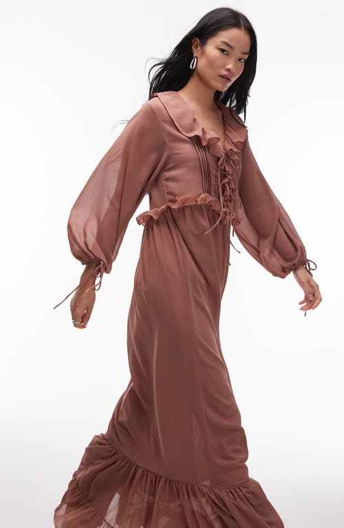 Topshop Ruffle Long Sleeve Chiffon Maxi Dress In Brown - 55% Off |  Editorialist