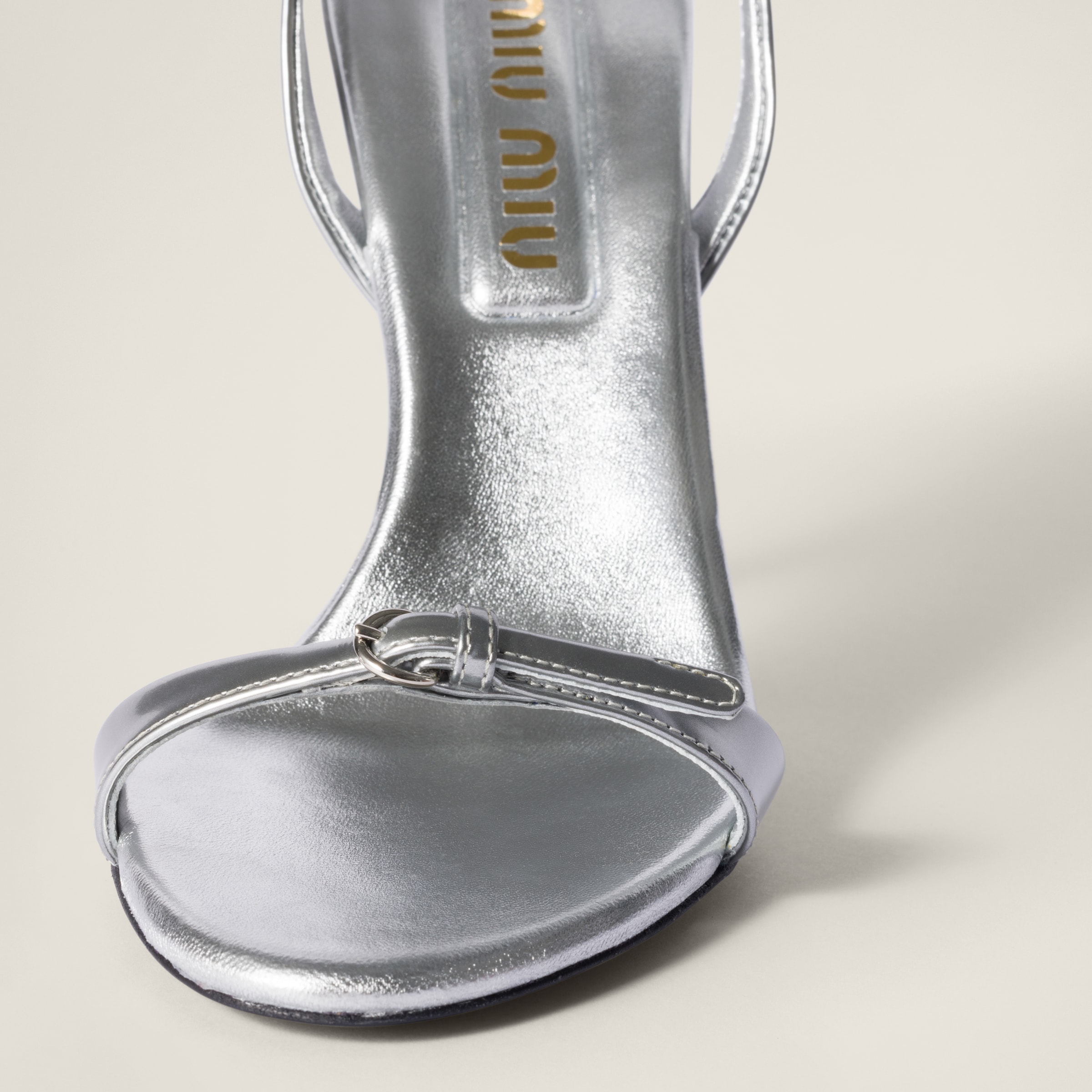 Miu Miu Metallic Leather High Heel Sandals - Silver | Editorialist