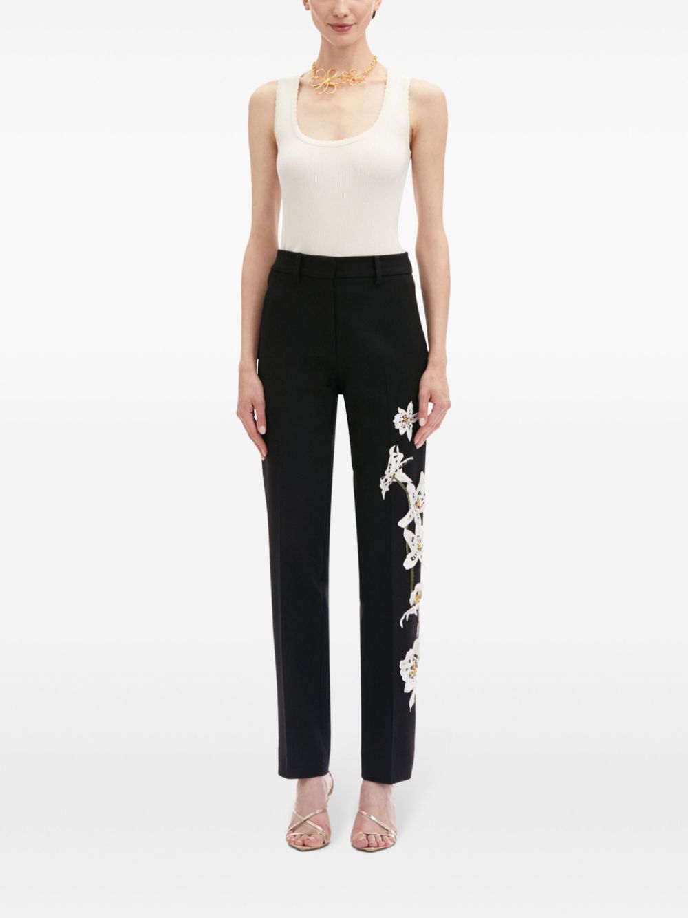 OSCAR DE LA RENTA Floral Appliqué Stretch-Wool Trousers