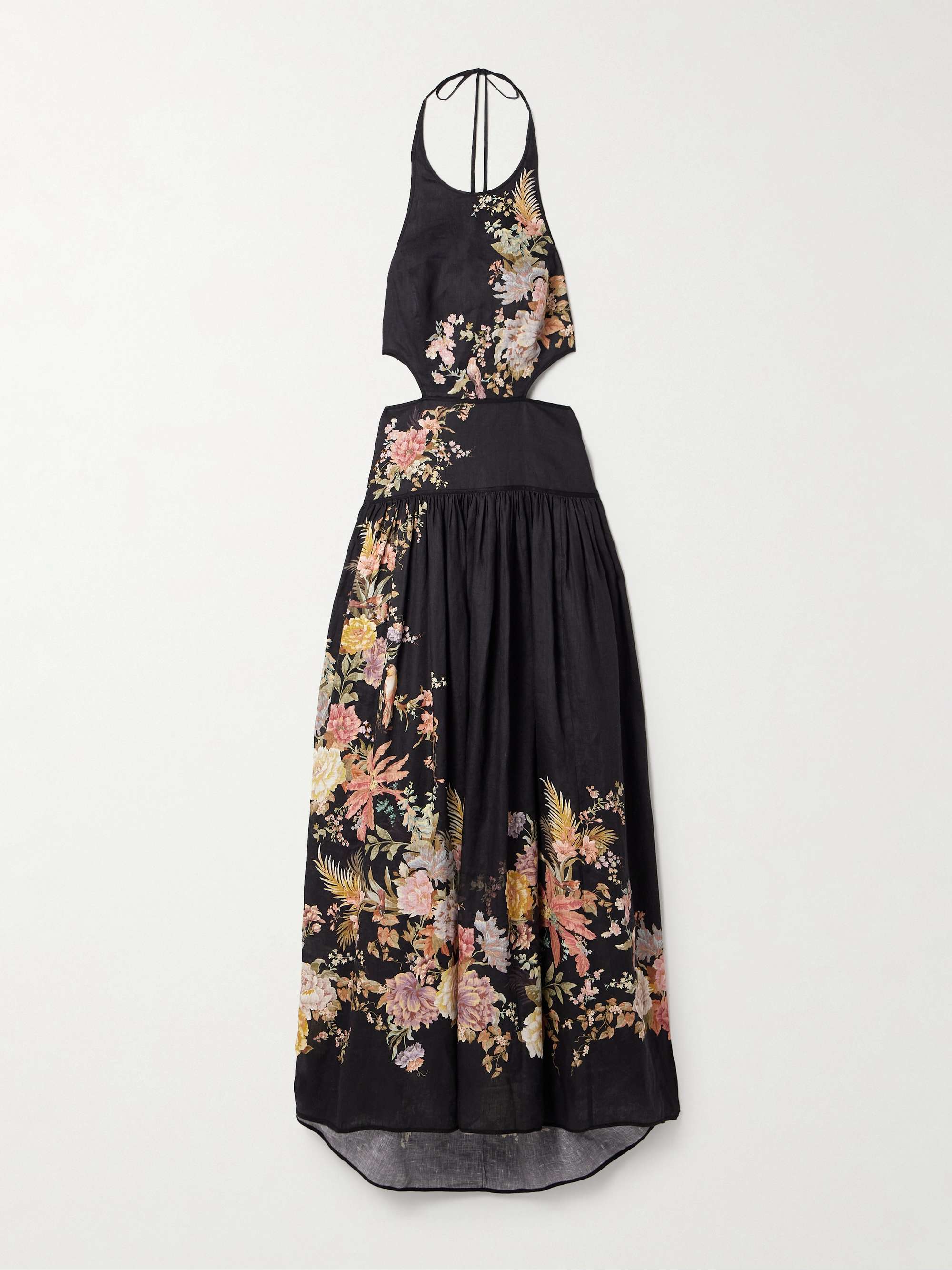 Zimmermann Tallow Cutout Floral-Print Linen Halterneck Midi Dress In Black  - 40% Off | Editorialist