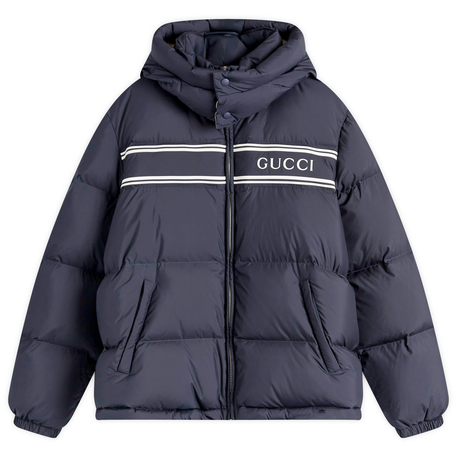 Gucci Logo Hooded Down Jacket - Navy | Editorialist