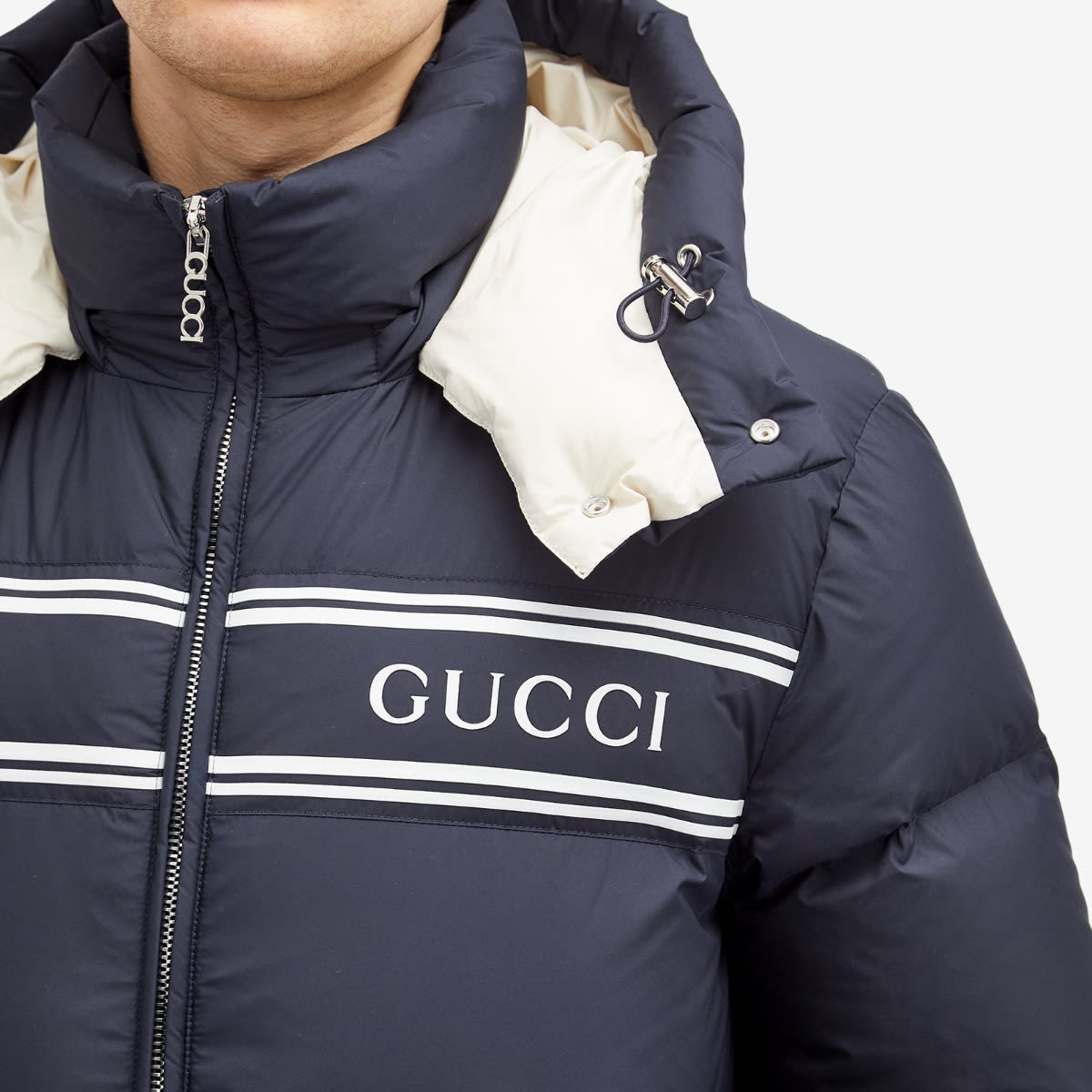 Gucci Logo Hooded Down Jacket - Navy | Editorialist