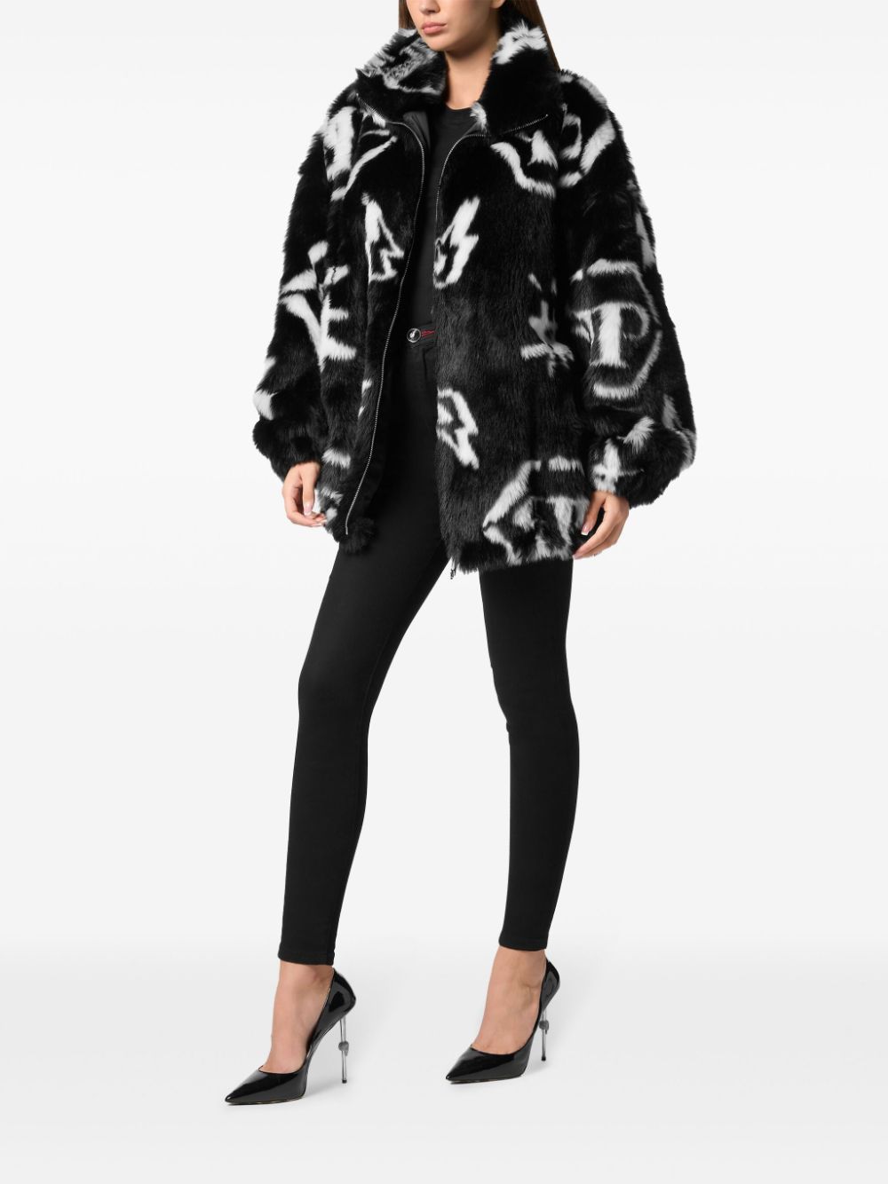 PHILIPP PLEIN Philipp Plein Monogram-Print Faux Fur Coat