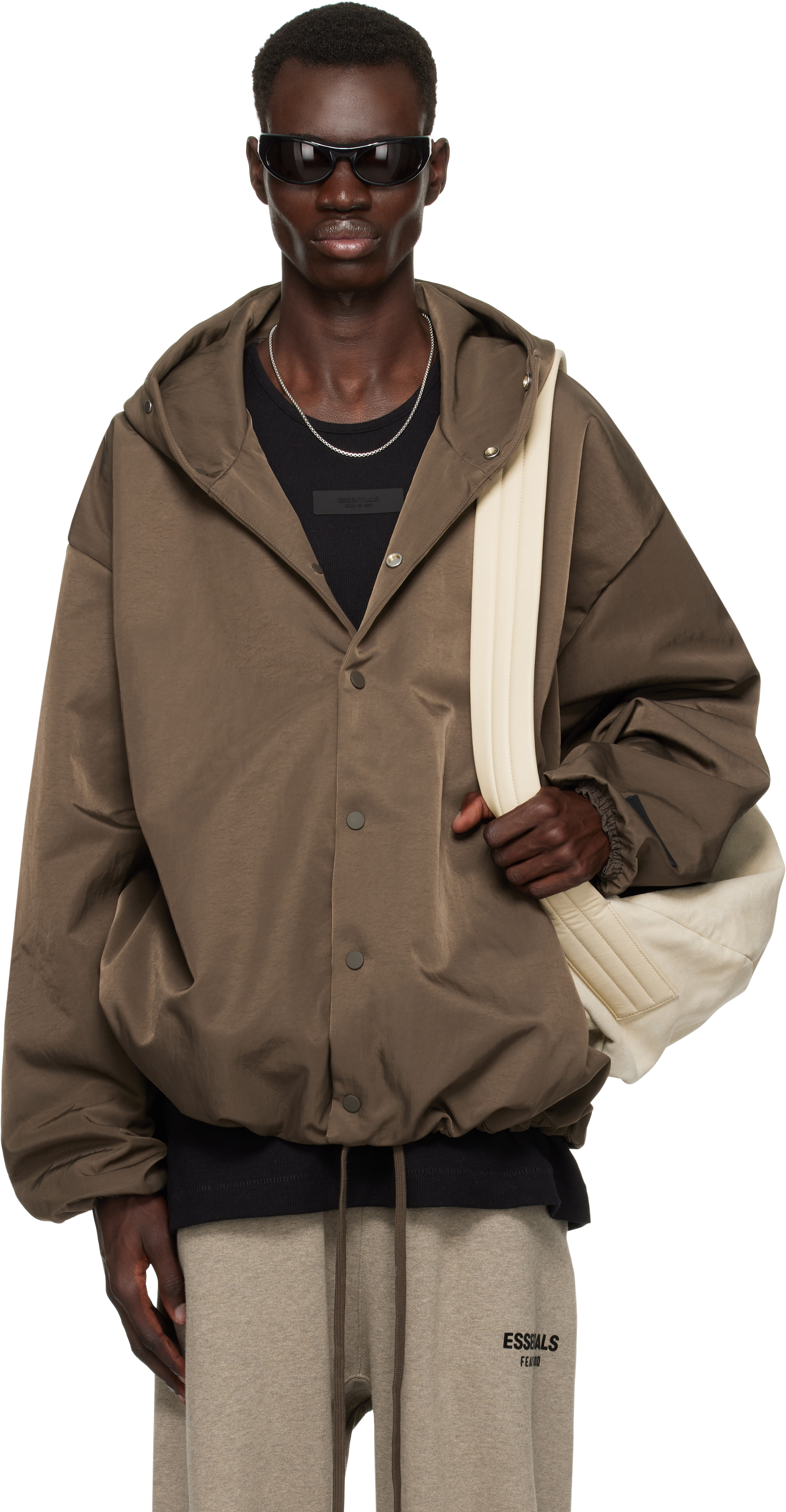 Fear Of God Textured Nylon Hooded Coaches Jacket - Brown Fear Of God Textured Nylon Hooded Coaches Jacket - Brown