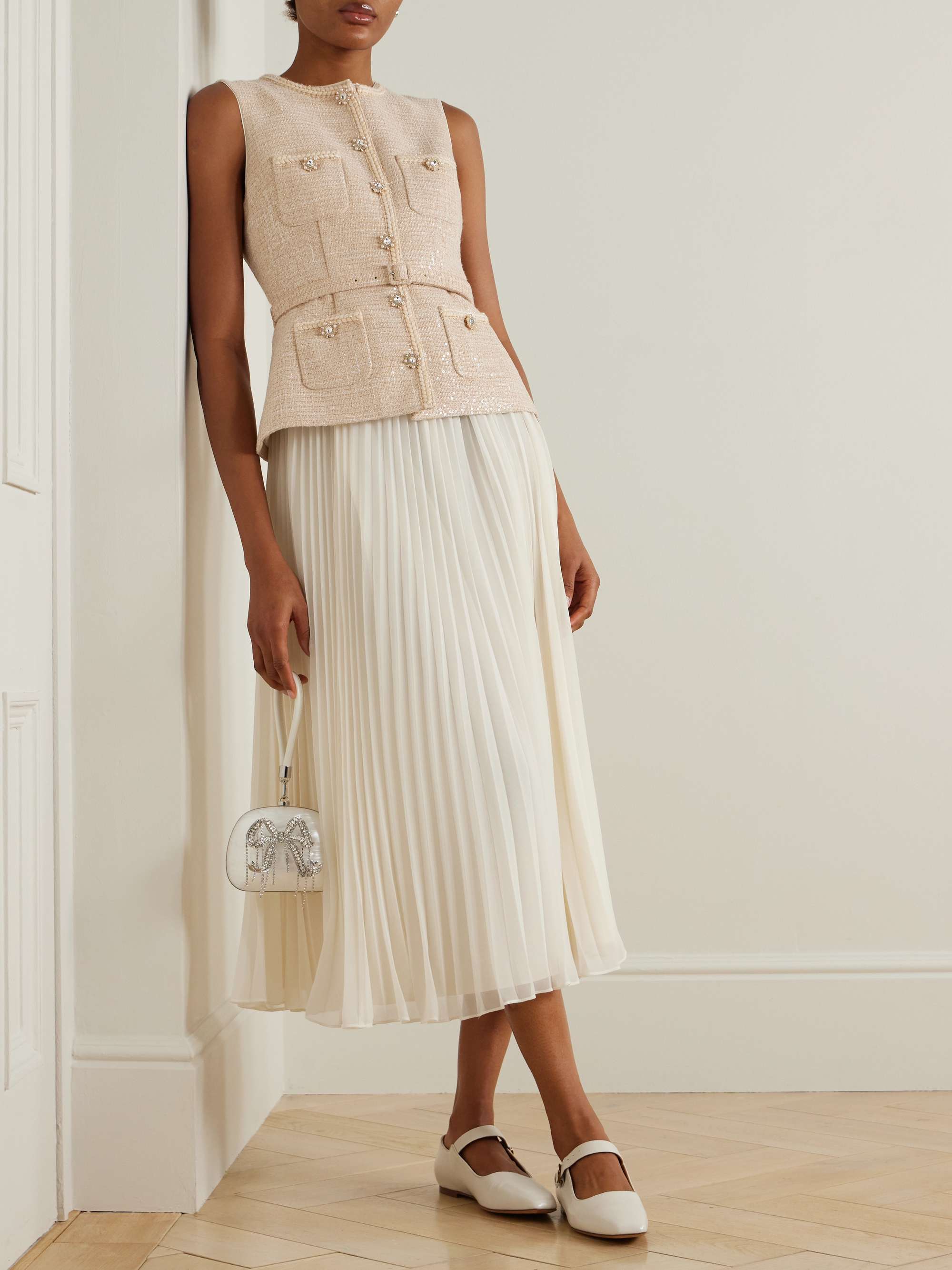 self portrait bouclé and chiffon midi dress Self-Portrait Belted Layered Crystal-Embellished Sequined Pleated In Cream - 50% Off 22 Fun and Quirky Web Collection: Garden Party Ladies dresses FIT Model is 179cm/510.5Chest Overcoat Chest Size in Inches:54
