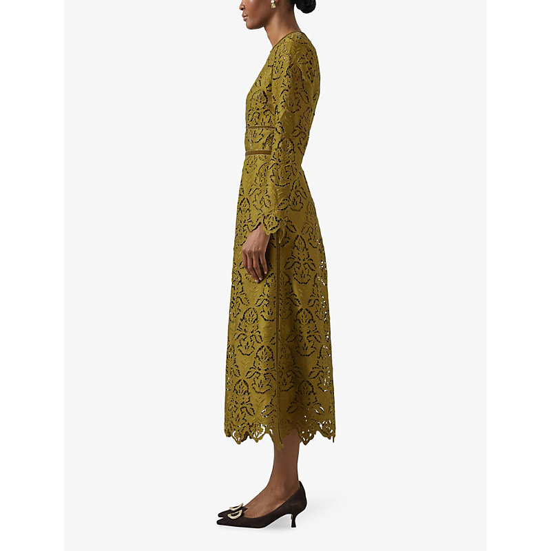 Lk Bennett Gracie Velvet-Trim Lace-Embroidered Woven Midi Dress In  Gre-Olive - 52% Off | Editorialist