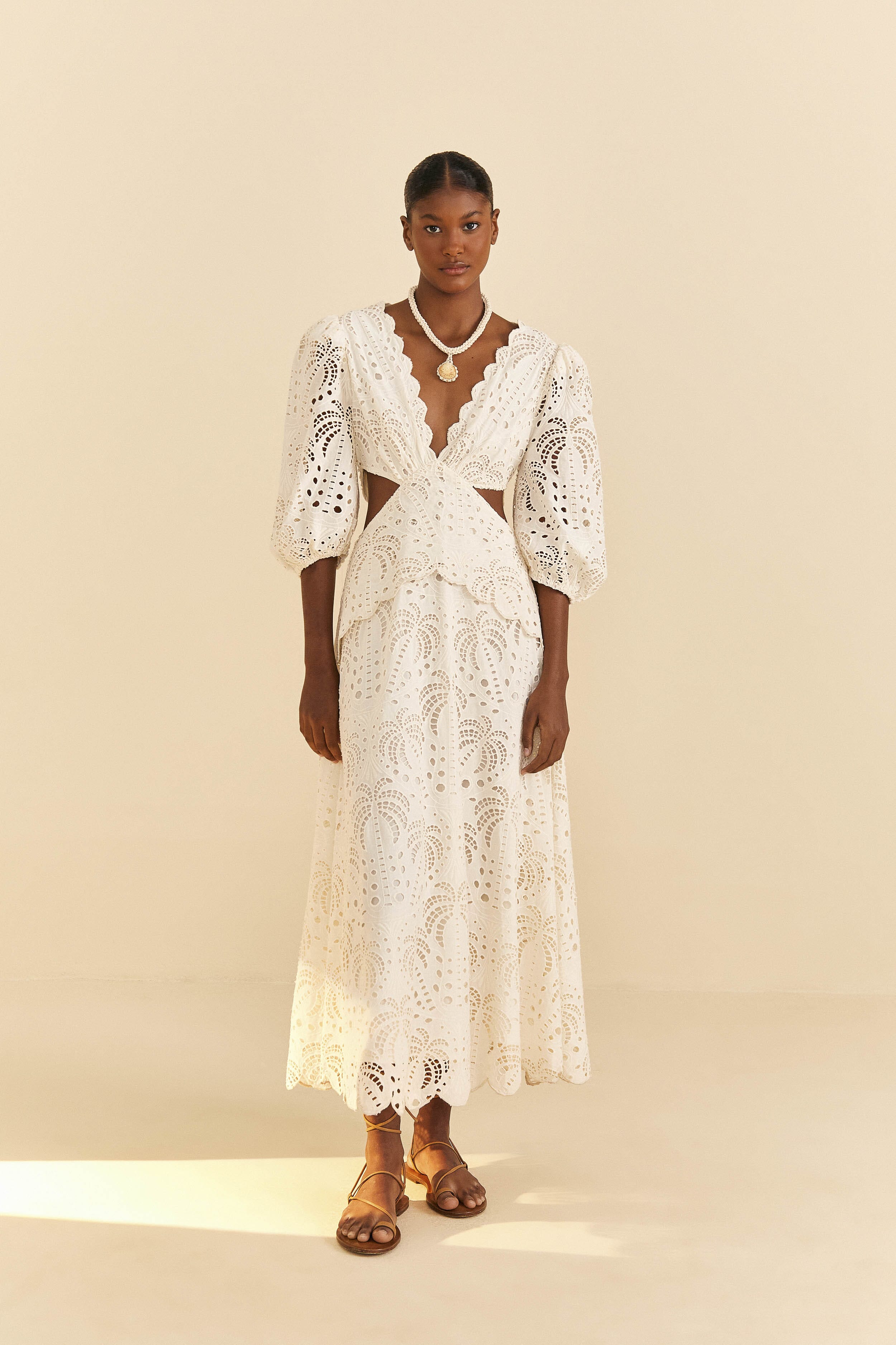 farm rio off white richelieu midi dress White Richelieu Sleeveless Midi Dress FARM Rio