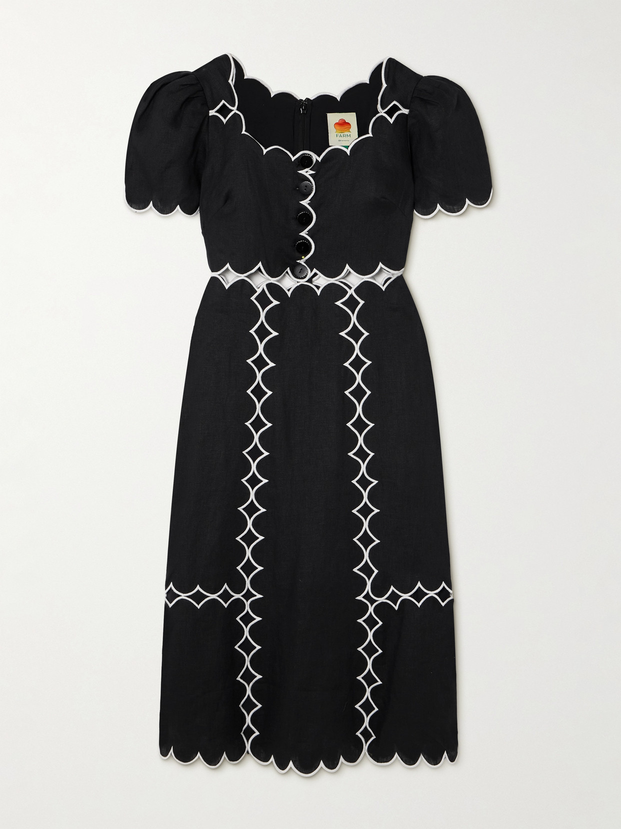 Farm Rio Scalloped Cutout Linen Midi Dress - Black | Editorialist