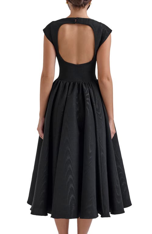 debutante open back satin midi dress Clothing: Midi Dresses: 'Debutante' Black Moire Satin Backless Midi Dress