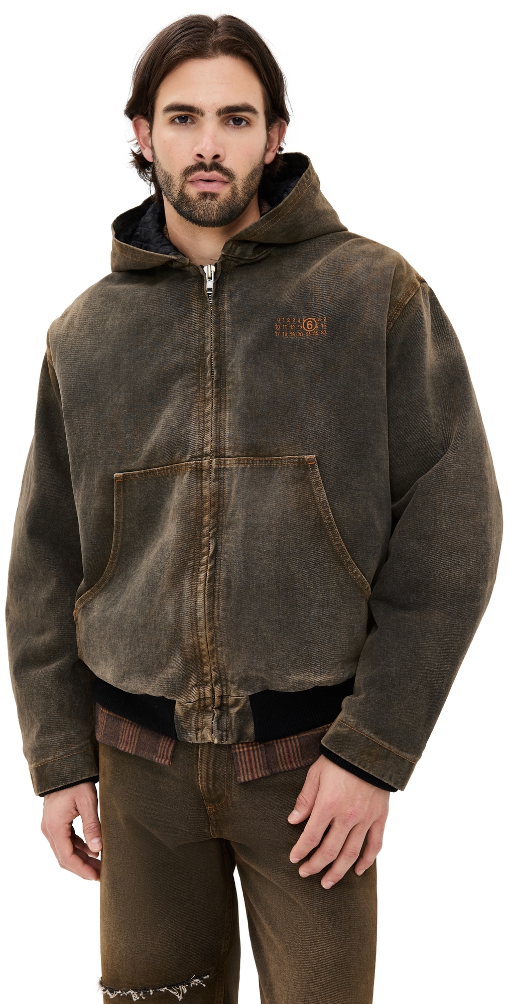 Maison Margiela Overdye Denim Hooded Jacket In Brown - 60% Off