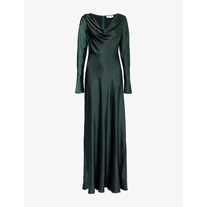 empire waist bridesmaid dress with sleeves Floral Print Satin Cowl Neck Maxi Dress - Emerald Green main image 0