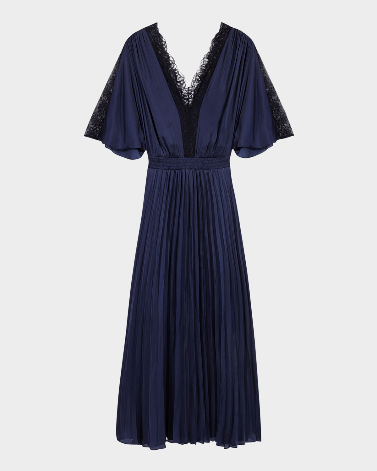 Maje Rachelace Pleated Satin Midi Dress Navy/Black Editorialist