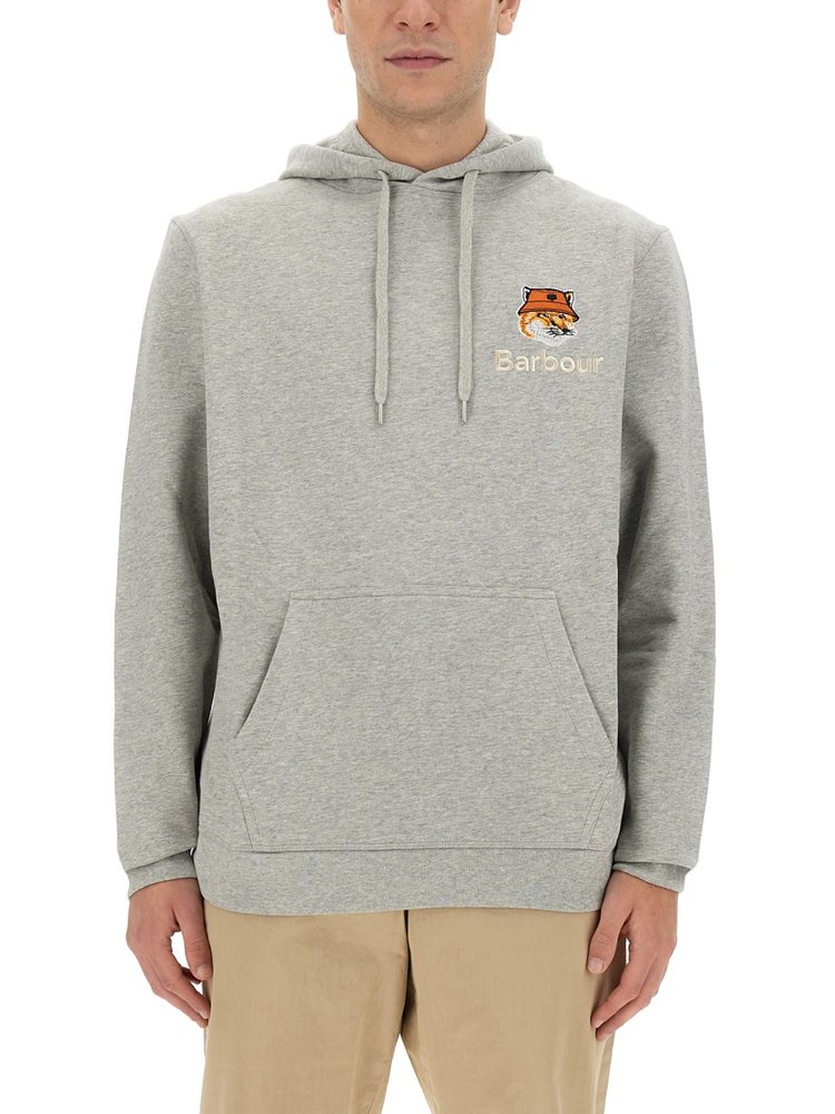Barbour X Maison Kitsuné Fox Head Embroidered Hoodie In Grey - 50