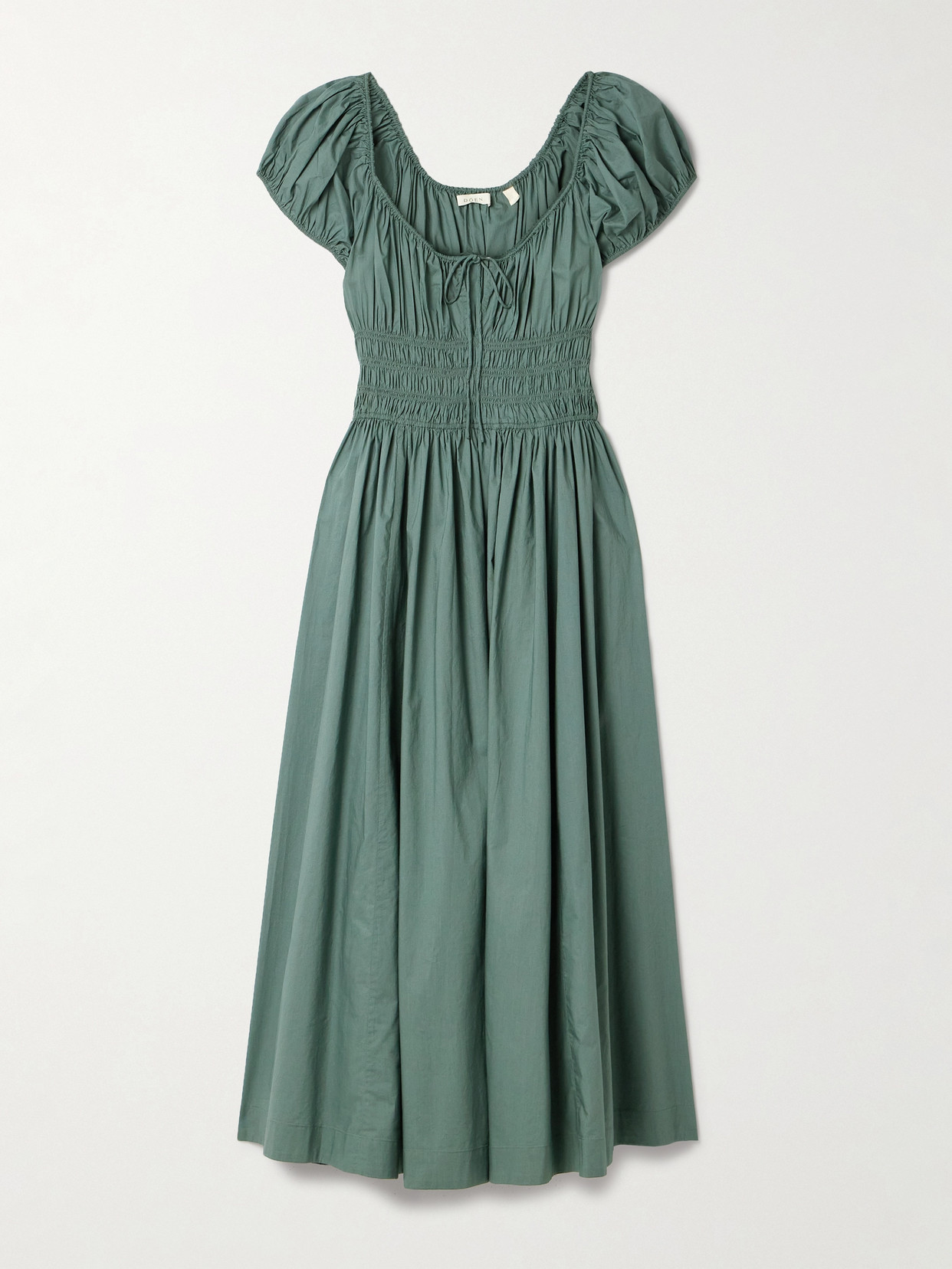 DEn Quinn Tie-Detailed Shirred Midi Dress - Green | Editorialist