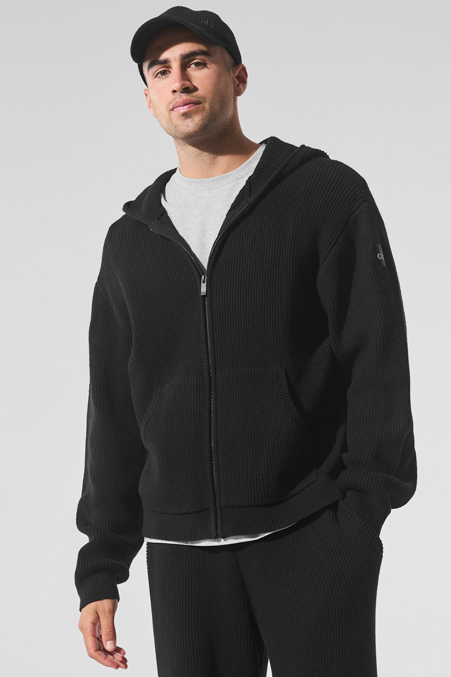 Alo Yoga Domain Rib Knit Full Zip Sweater Top - Athletic Heather