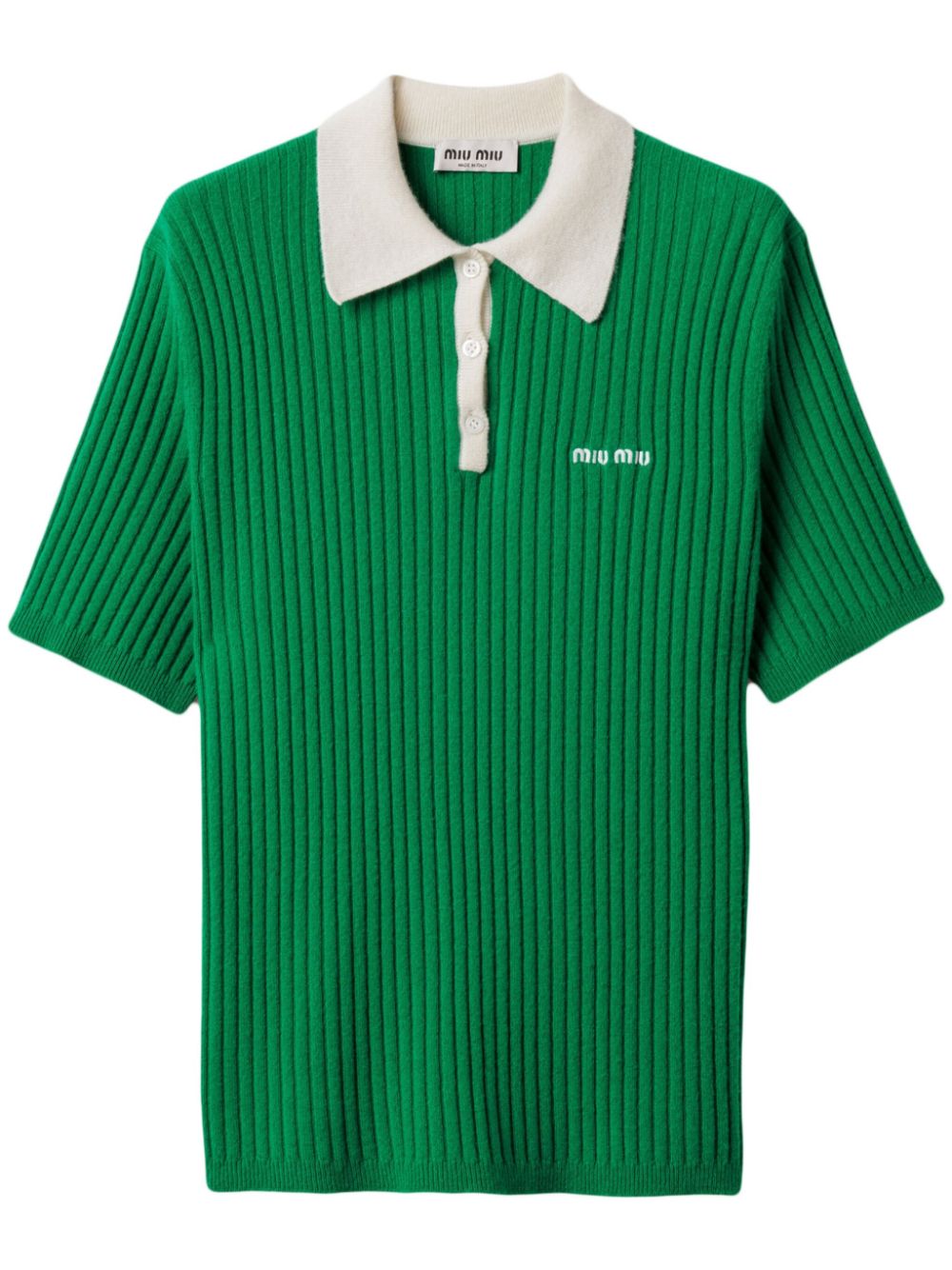 Miu Miu Ribbed Cashmere Polo Top - Green | Editorialist