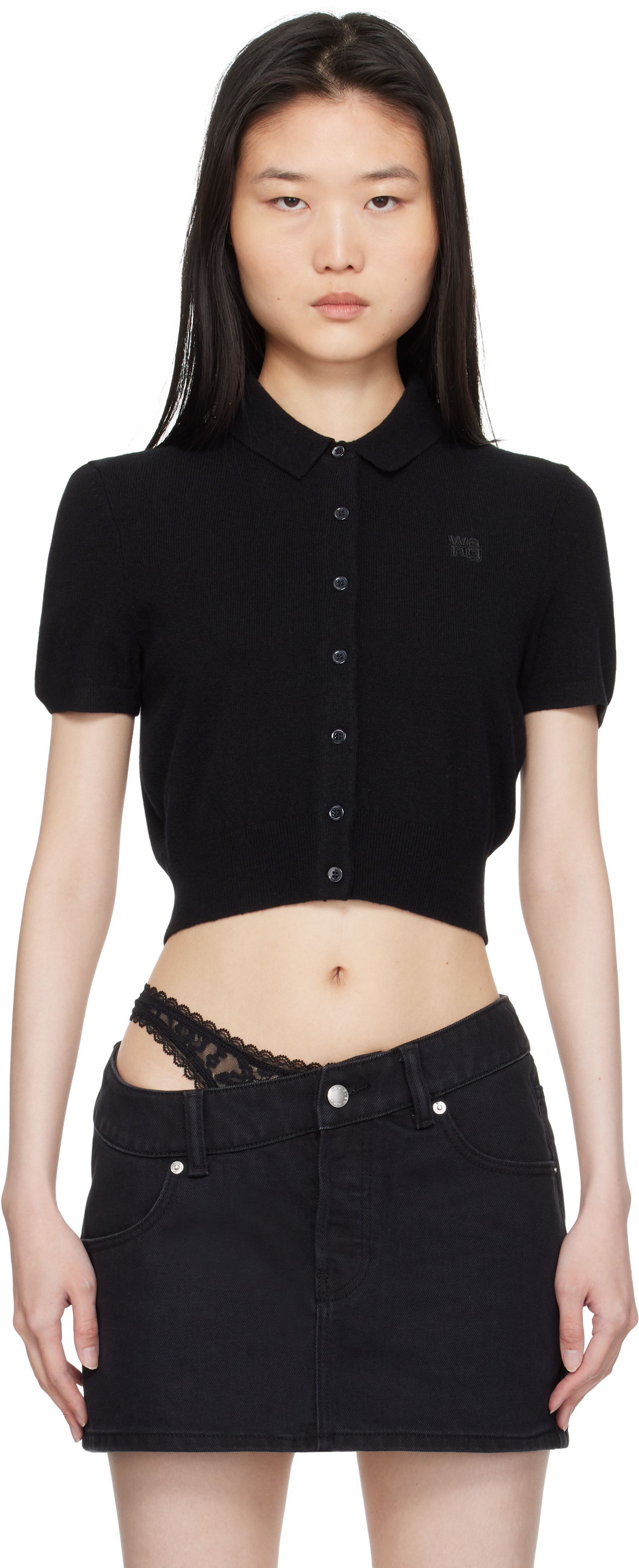 Alexander Wang Logo Embroidered Polo Cardigan Black Editorialist