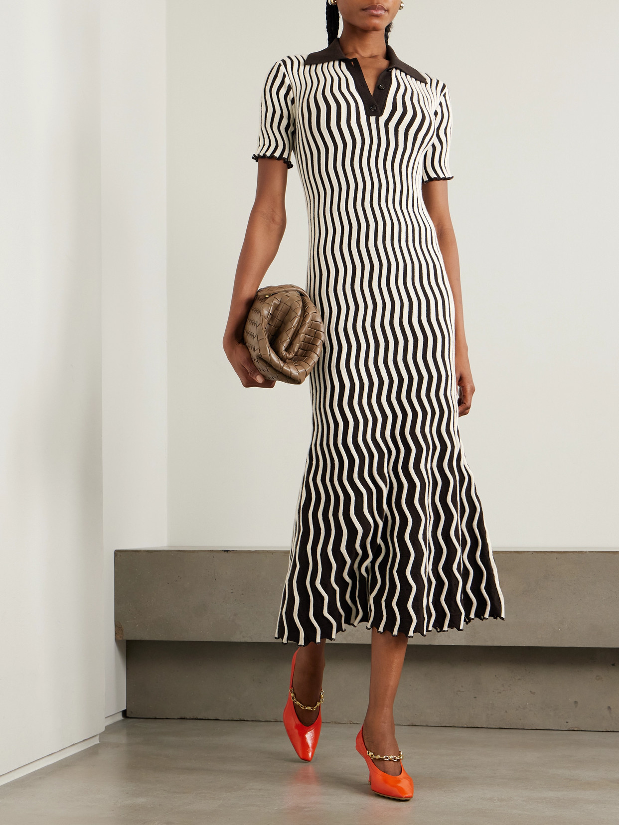 BOTTEGA VENETA Bottega Veneta Striped Ribbed Wool Midi Dress