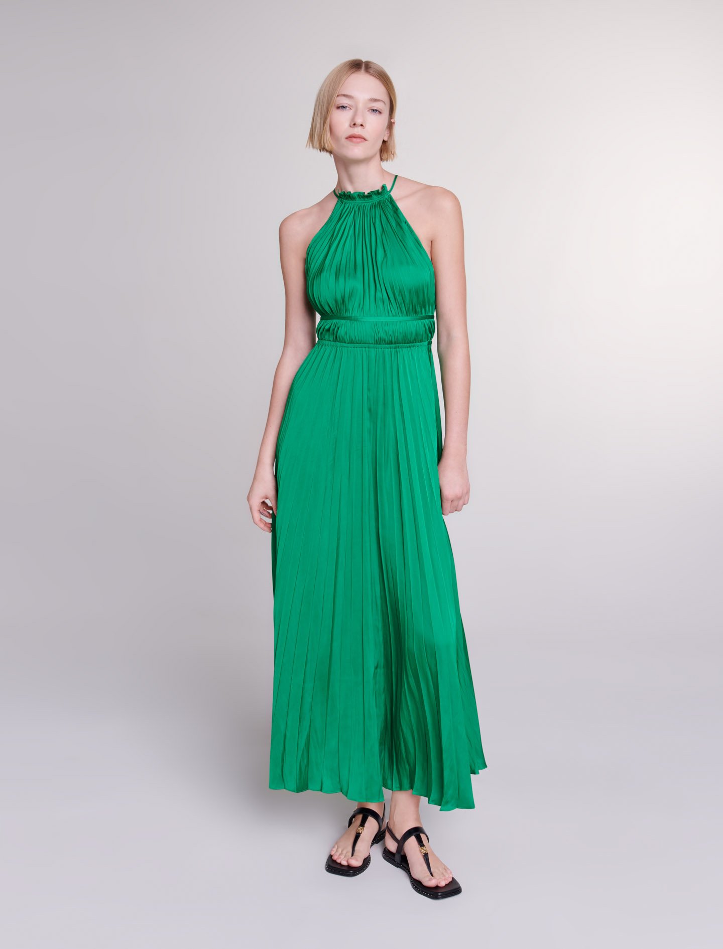 Maje Pleated Satin Maxi Dress In Green - 40% Off