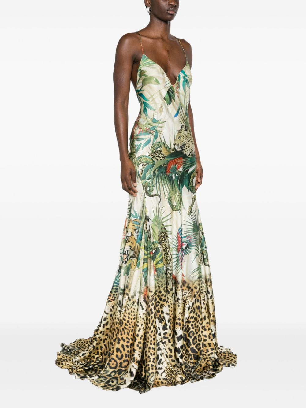 green jungle print dress Green-Yellow Strapless Ombré Chiffon Gown with Feather Brooch – Runway  Catalog