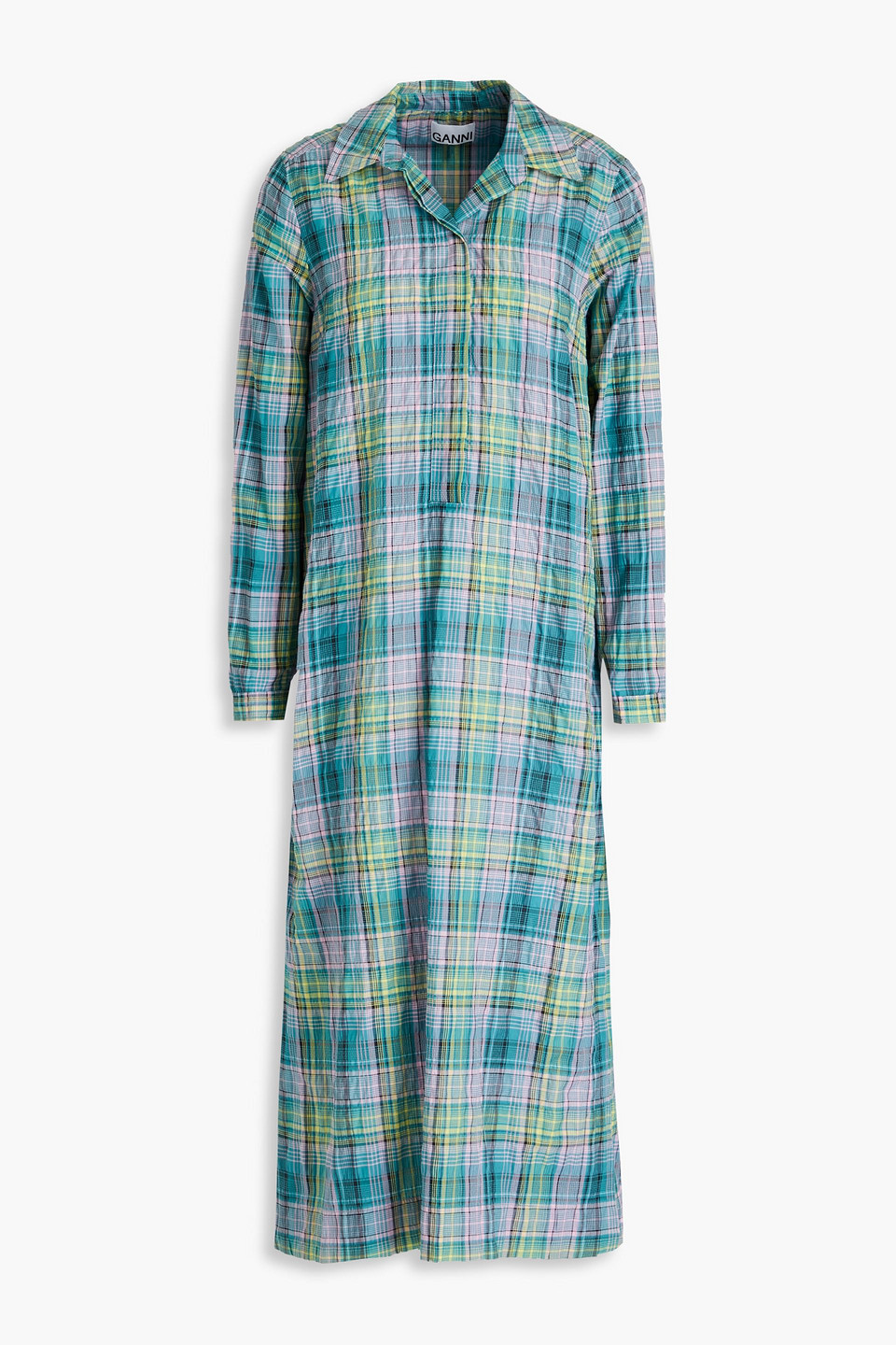 ganni green plaid dress Seersucker Check Gathered U-Neck Midi Dress in Lagoon main image 0