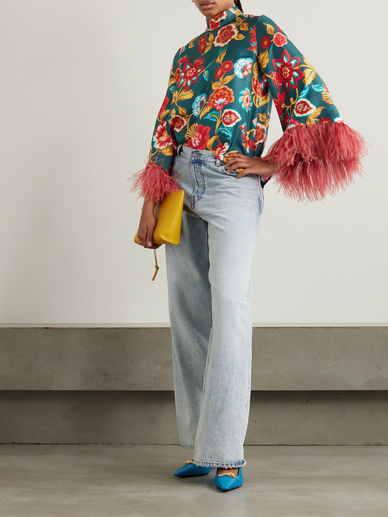 LA DOUBLEJ La DoubleJ Feather-Trimmed Floral-Print Silk-Twill Top