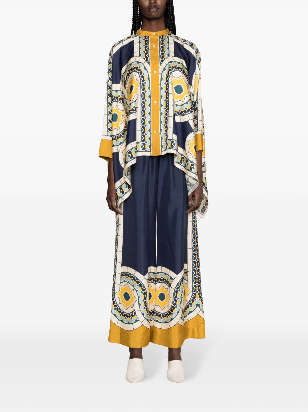 LA DOUBLEJ La DoubleJ High-Waist Printed Silk Palazzo Trousers