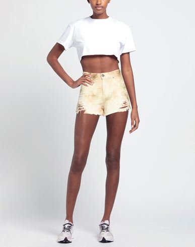 PINKO PINKO High Waisted Cotton Gabardine Shorts with Faded Multicolor Print and Leather Trims