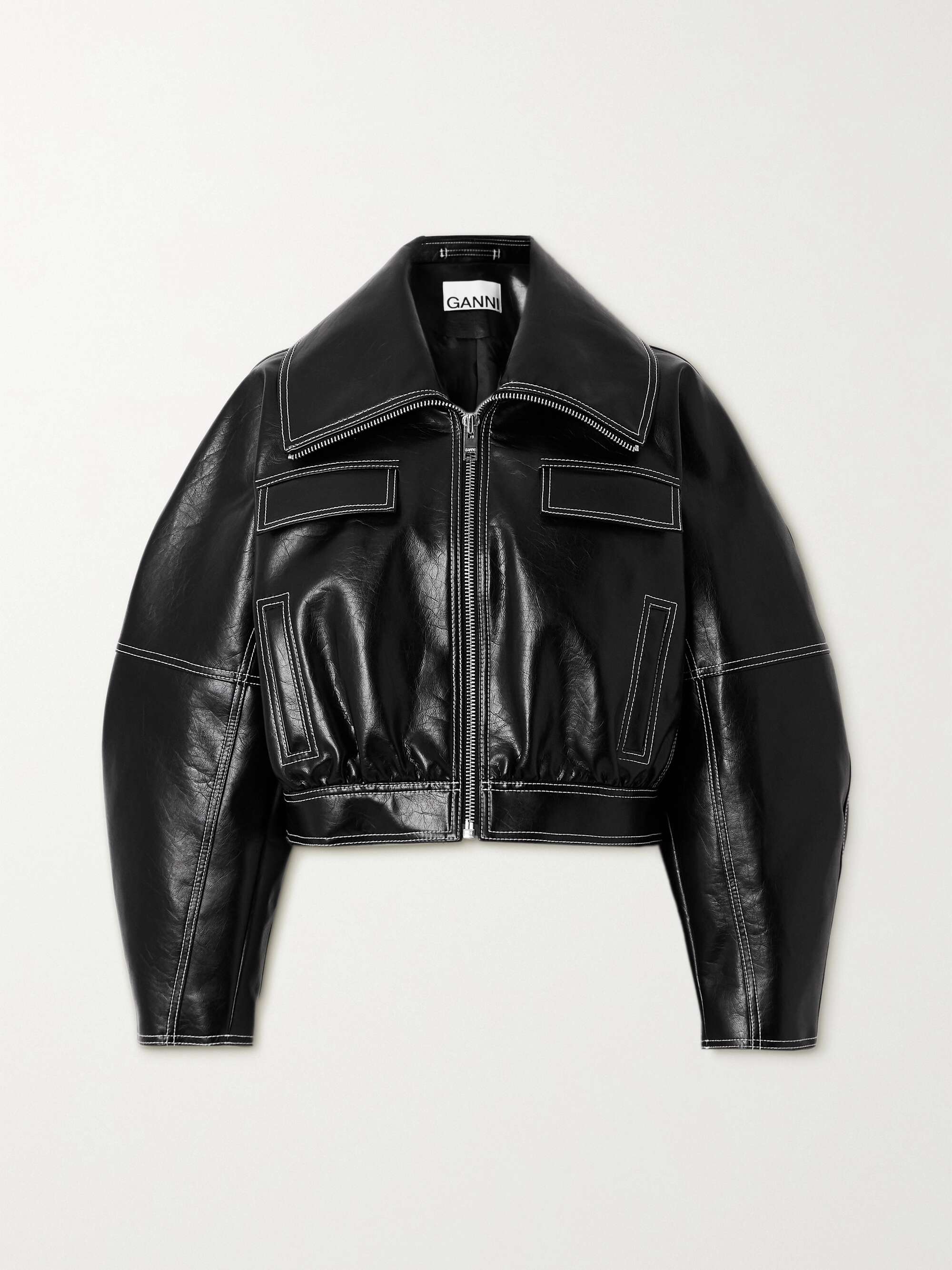 Ganni Cropped Faux Patent-Leather Jacket In Black 60% Off