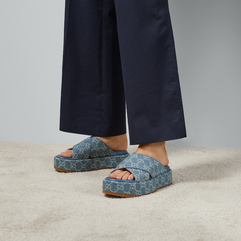 Gucci Gg Platform Slide Sandal Fabric - Blue | Editorialist