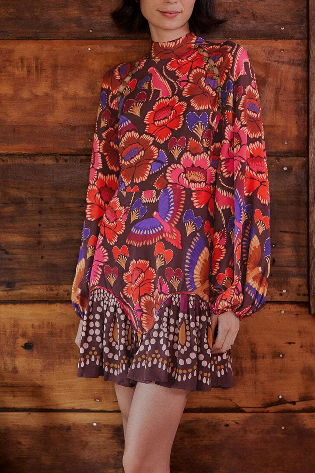 chinese dress ladies Farm Rio Floral Print Long Sleeve Minidress in Chenille Flowers Bla at Nordstrom, Size XX-SMALL main image 0
