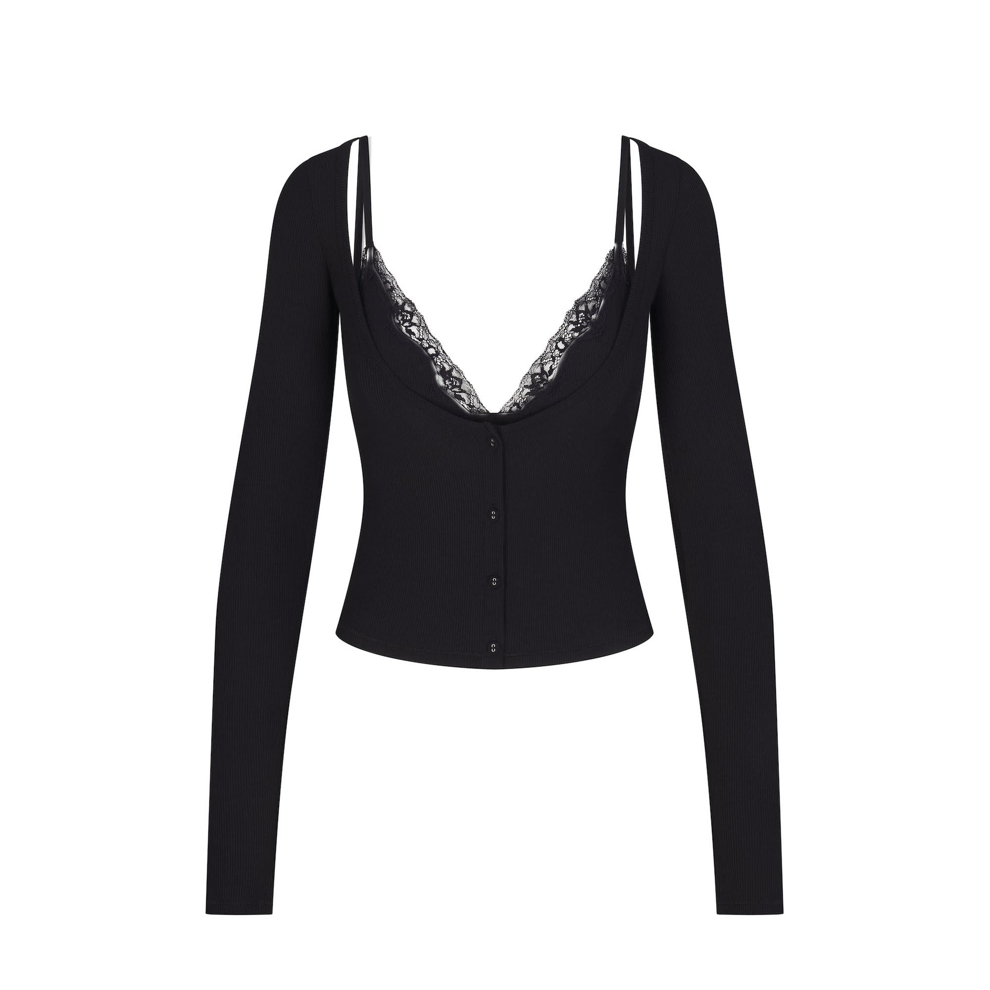 Skims Soft Lounge Lace Long Sleeve Top With Bralette - Onyx | Editorialist Skims Soft Lounge Lace Long Sleeve Top With Bralette - Onyx | Editorialist