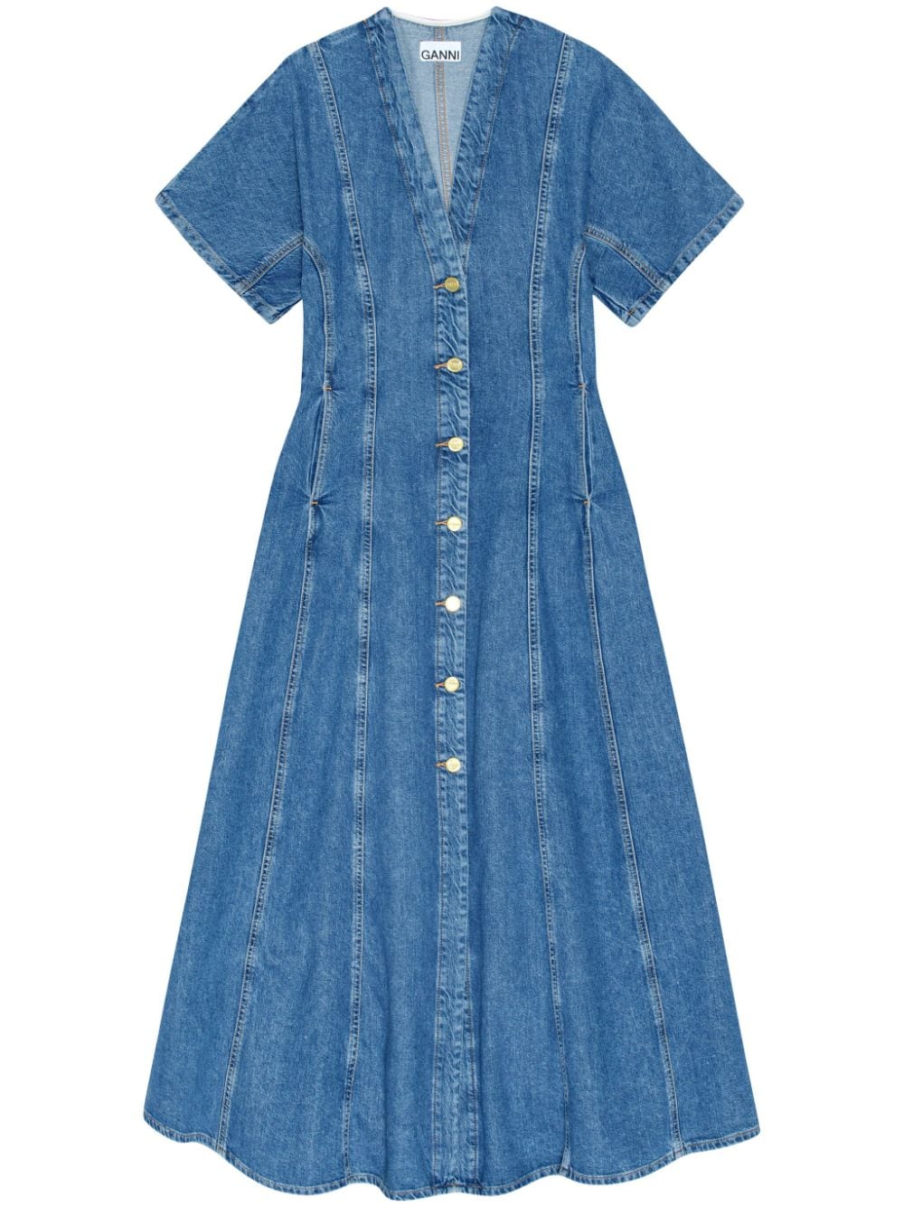 knee length dresses for ladies Ganni // Blue Denim Wrap Dress – VSP Consignment main image 1