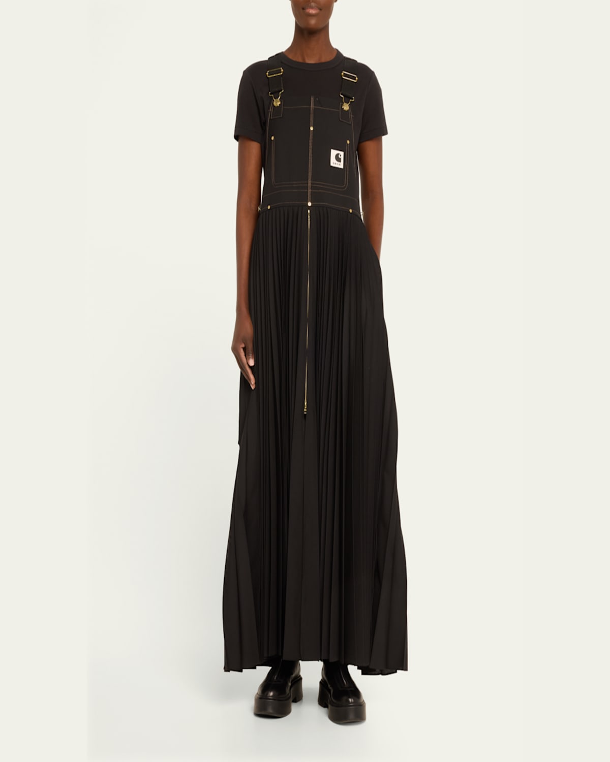 sacai x carhartt apron flared pleated overall dress Sacai X Carhartt Pleated Maxi Dress in Natural