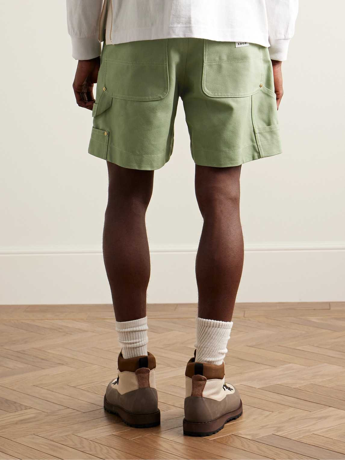 Sacai Carhartt Wip Wide-Leg Belted Cotton-Canvas Shorts In Green