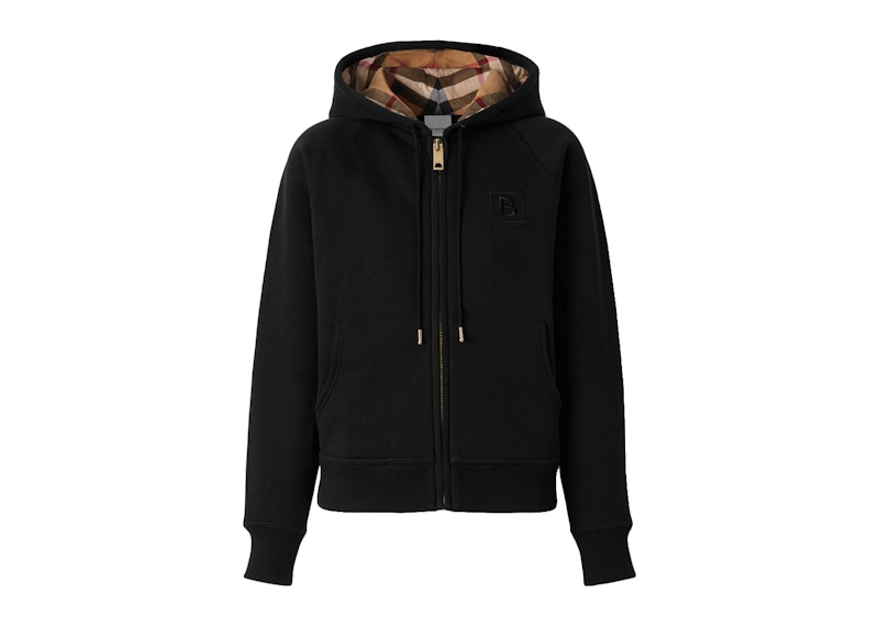 Burberry Zip-Up Hoodie With Check Hood - Black Archive Beige