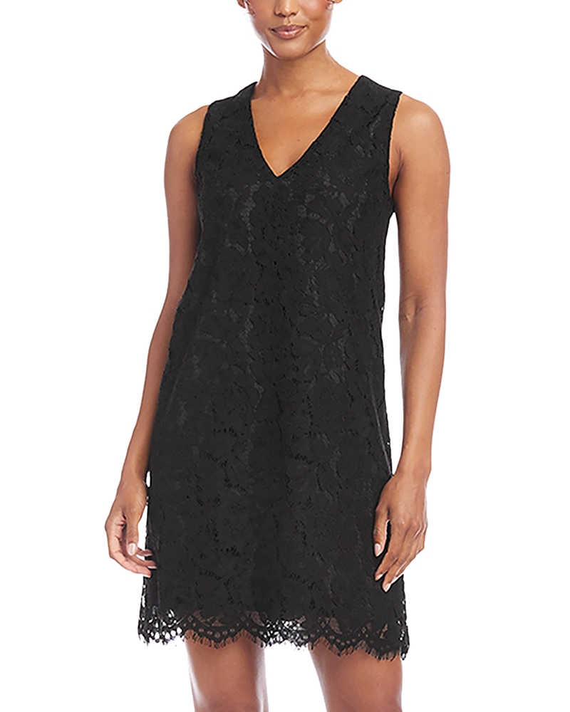 chinese dress ladies V-Neck Scallop Hem Lace Dress Black