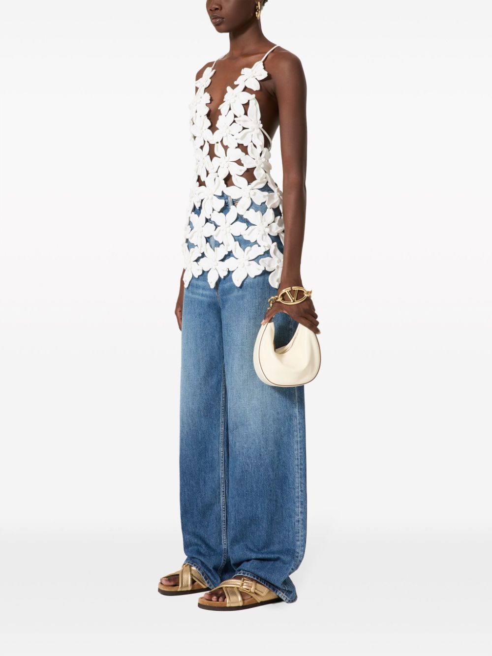 Valentino Garavani Flower-Appliqué Crossover-Strap Top - White