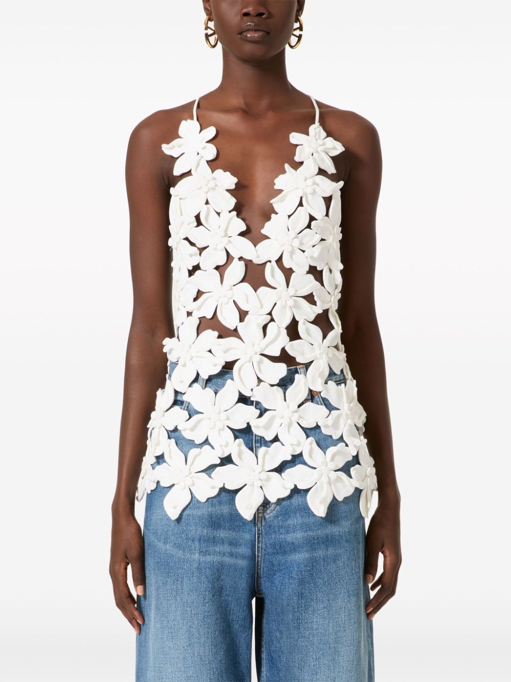 Valentino Garavani Flower-Appliqué Crossover-Strap Top - White
