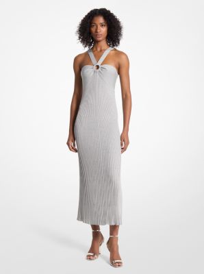 michael kors ribbed stretch knit halter dress Michael Kors Metallic Knit Ring Halter Dress In Silver - 73% Off