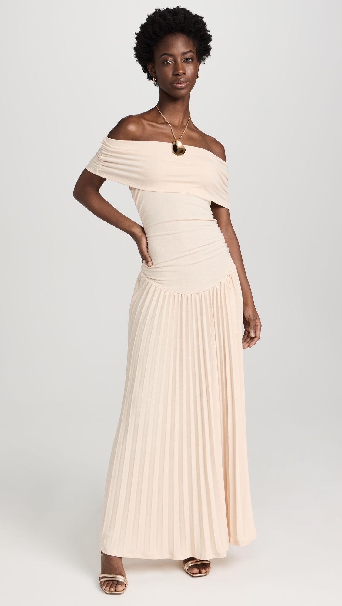LIONESS Lioness Off-Shoulder Maxi Dress with Pleated Skirt and Ruched Waist