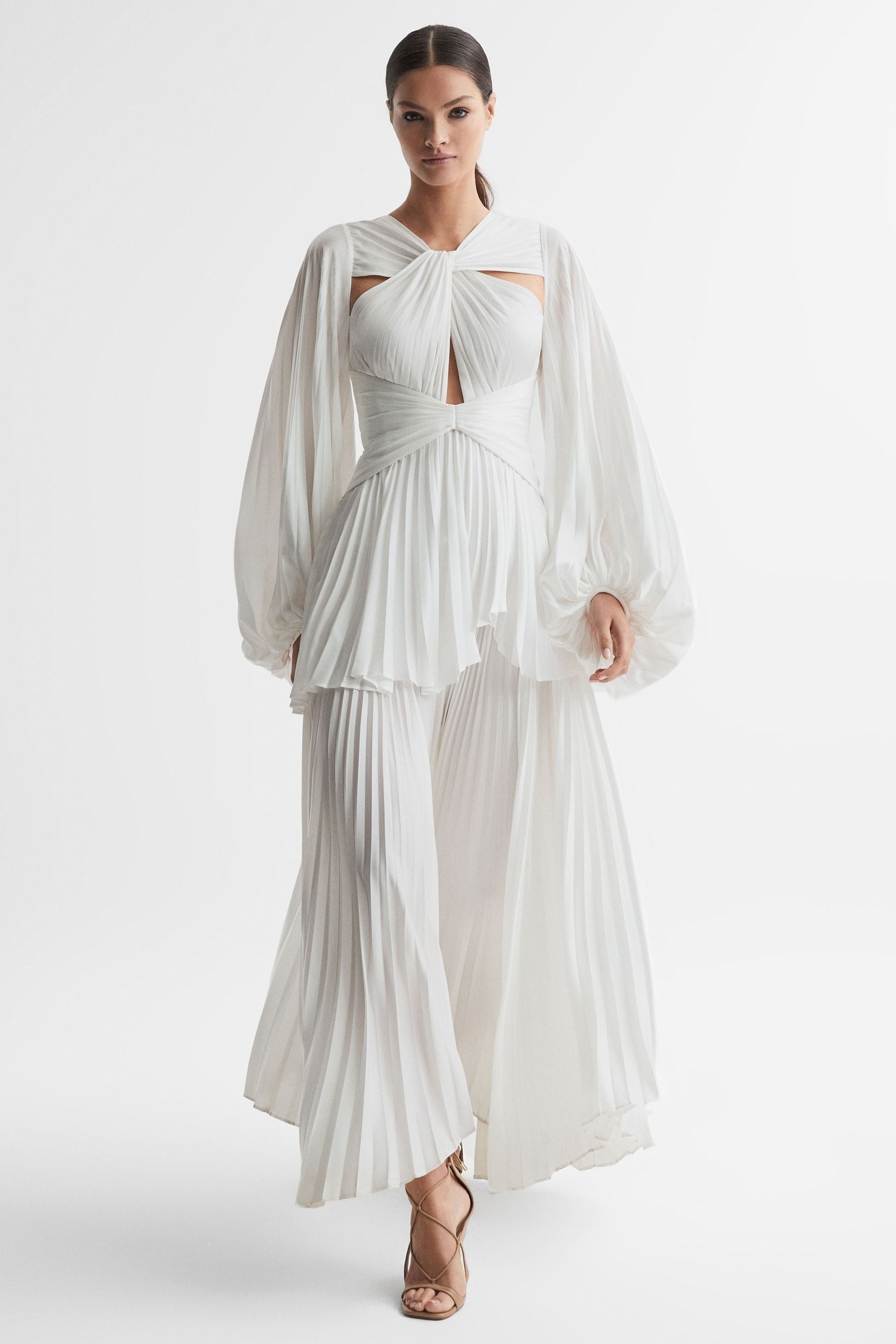 finnegan acler pleated blouson sleeve midi dress in ivory - 60% Off fast shipping bridesmaid gowns
