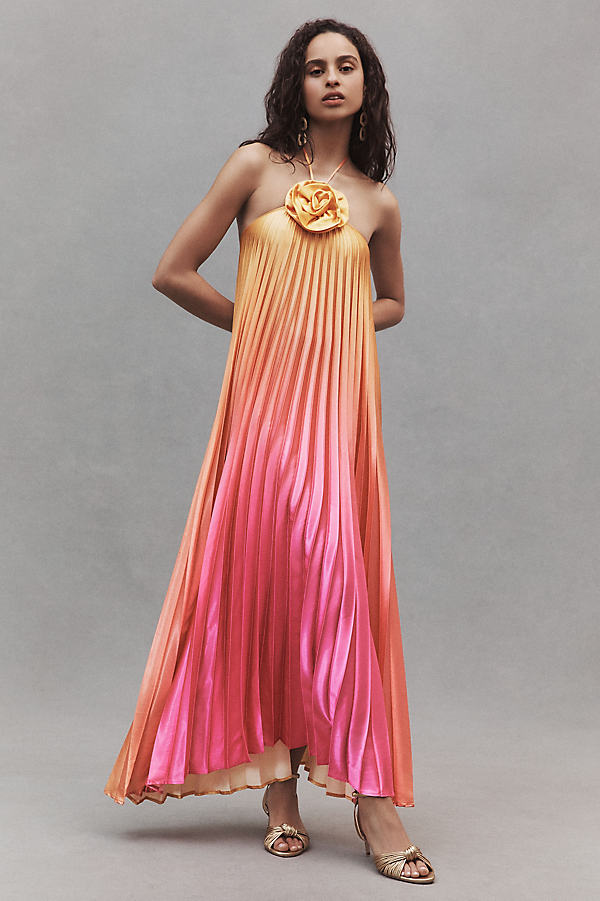 ❤️新品❤️Formentera Pleated Bicolor Dress Delfi Collective Giselle Halter Pleated Ombre Sat Maxi Dress In