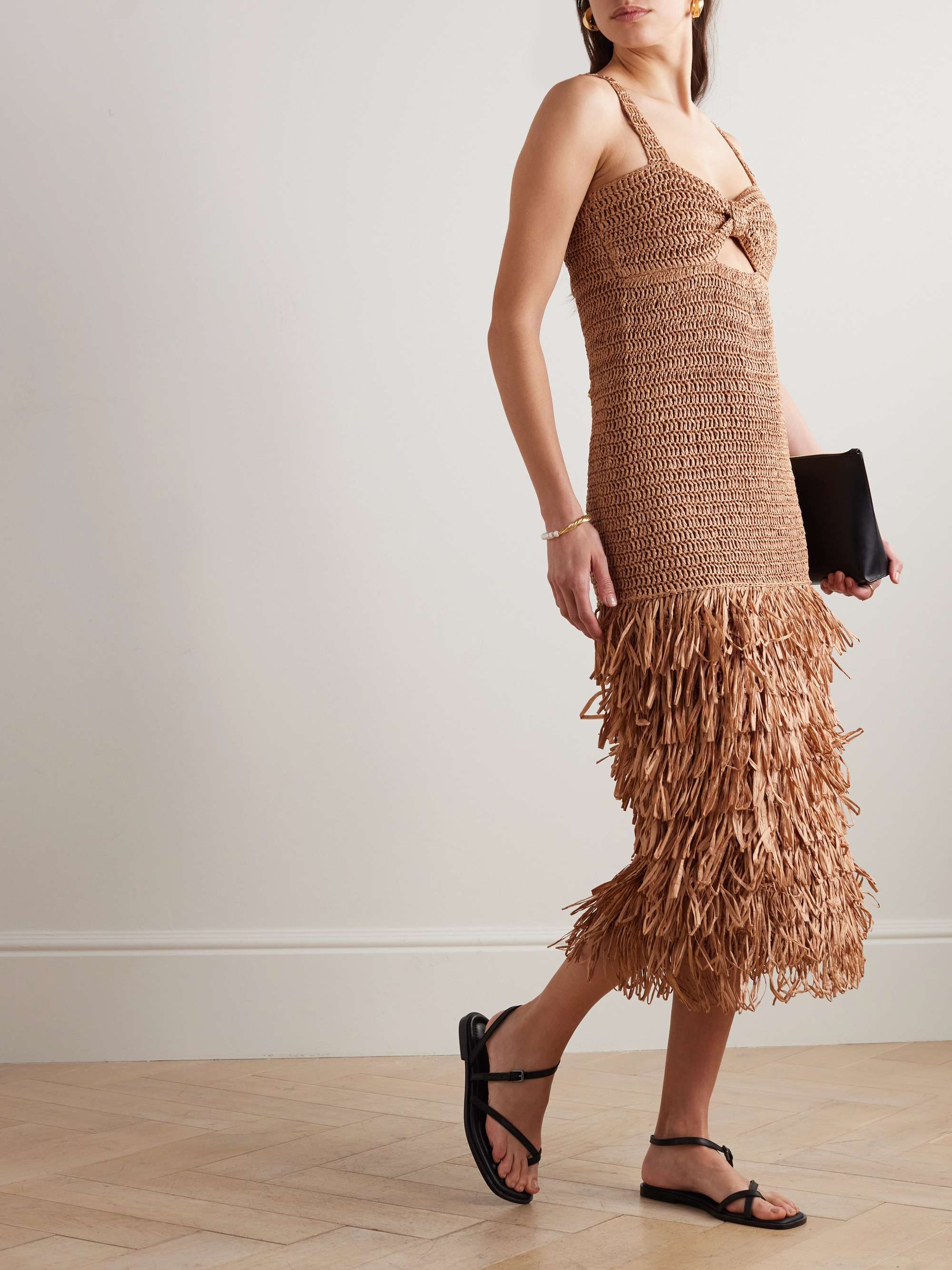 brown farm rio dress FARM RIO Embellished printed shirred tiered georgette halterneck midi dress